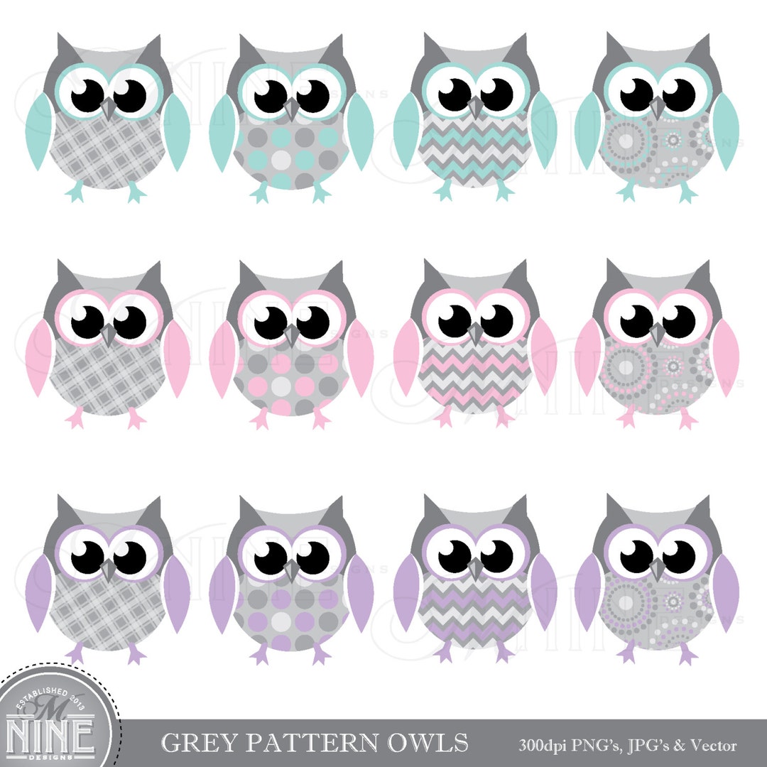 GREY PATTERN OWLS Clip Art Digital Clipart, Instant Download, Gray Pink ...