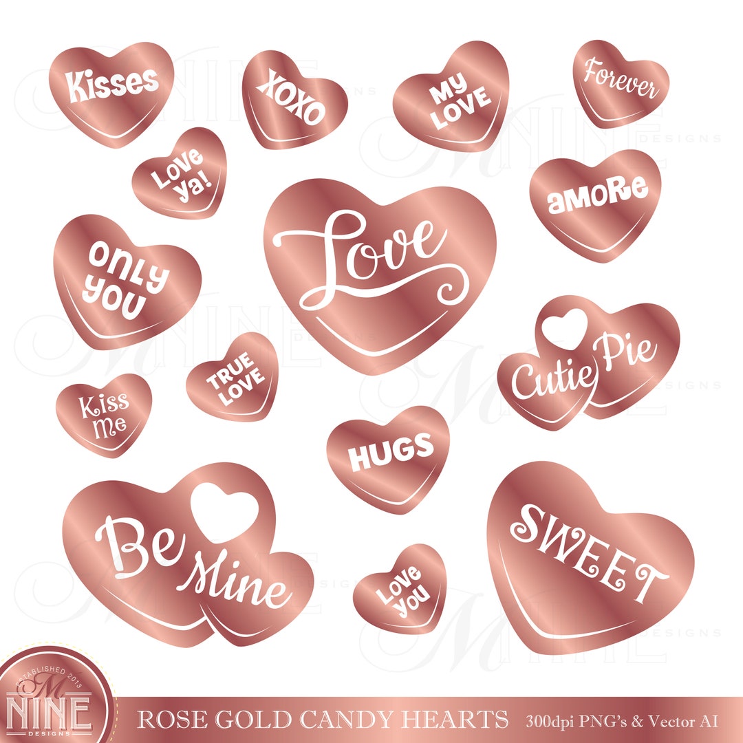 Rose Gold CANDY HEARTS Clip Art Rose Gold Valentines Hearts Clipart ...