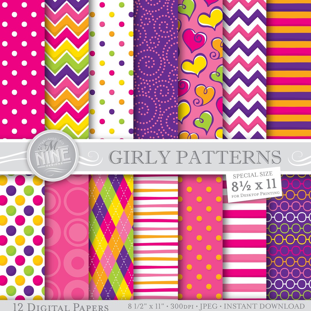 GIRLY PATTERNS Digital Paper Downloads / Digital Downloads / Pink ...