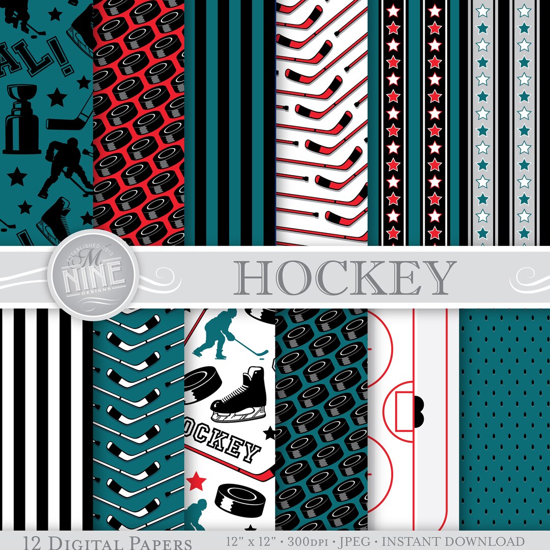 HOCKEY Digital Paper, Hockey Party Printables, Teal and Red Hockey ...