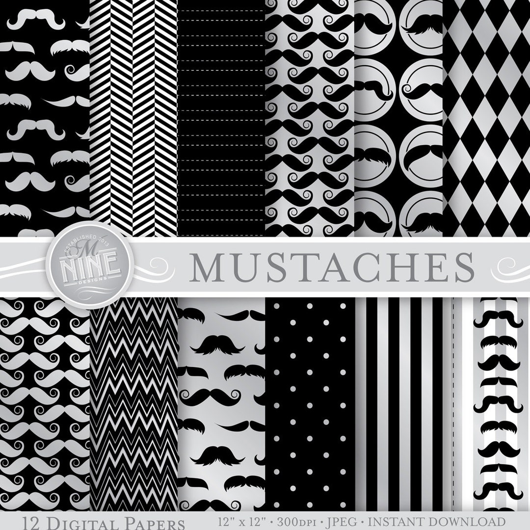 MUSTACHES Digital Paper: Silver Mustache Pattern Printable Print ...