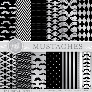 MUSTACHES Digital Paper: Silver Mustache Pattern Printable Print ...