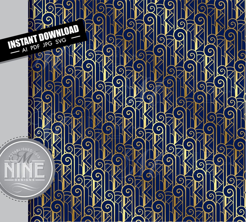 Navy Blue and Gold Art Deco Pattern Digital Paper Roaring - Etsy