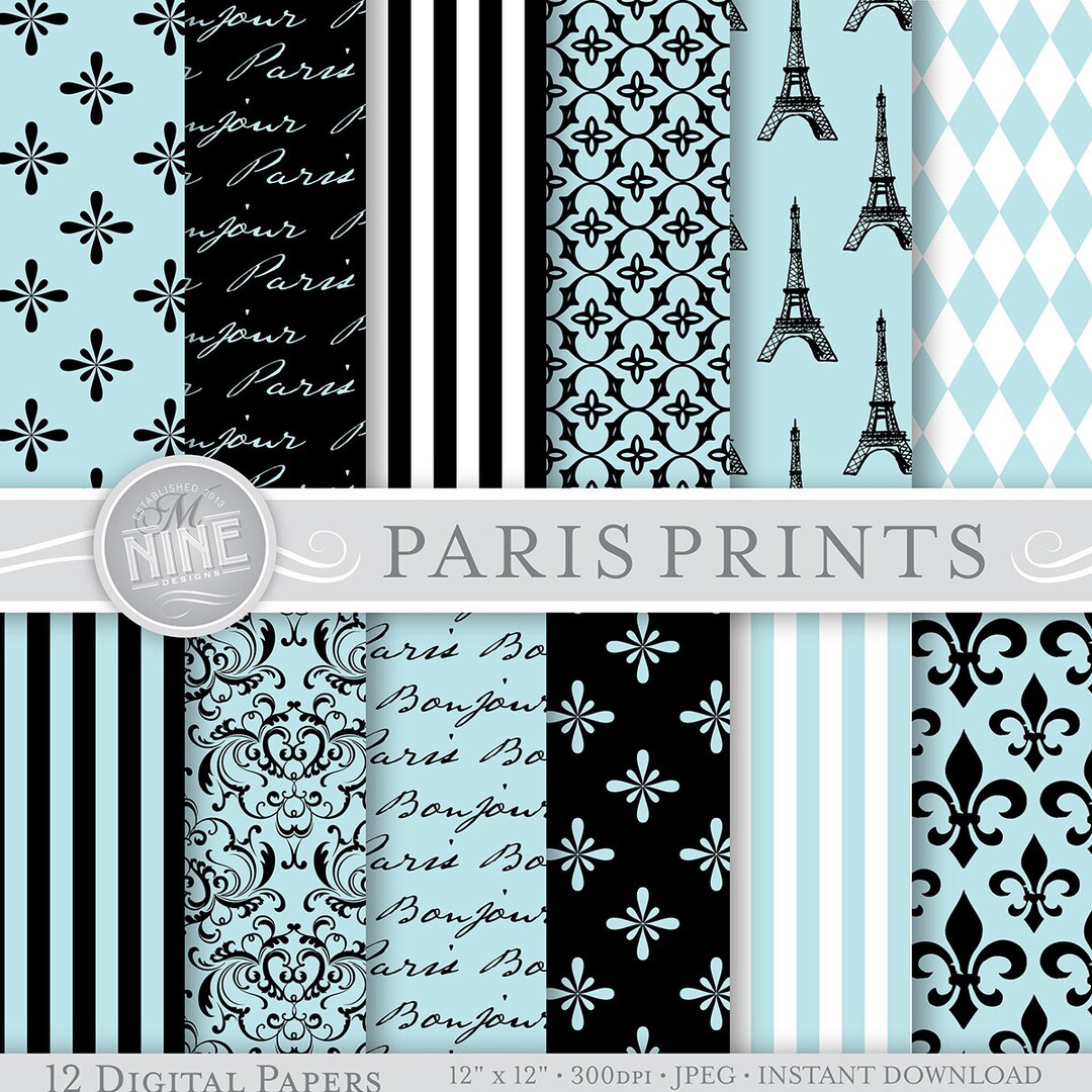 PARISIAN Digital Paper Jpg Svg Blue Paris Theme Pattern Downloads ...