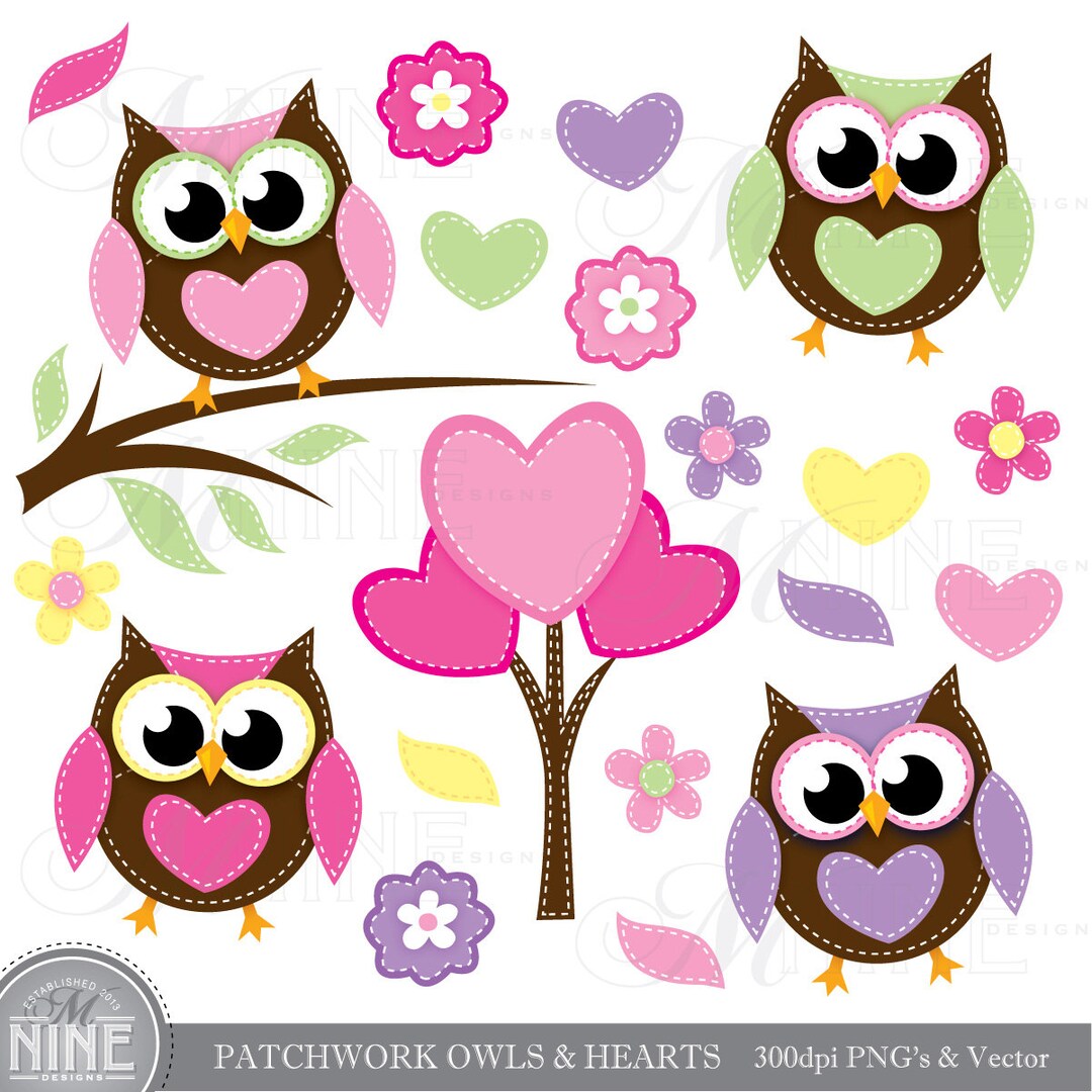 Owls and Hearts Digital Clipart Clip Art, Instant Download, Pink ...