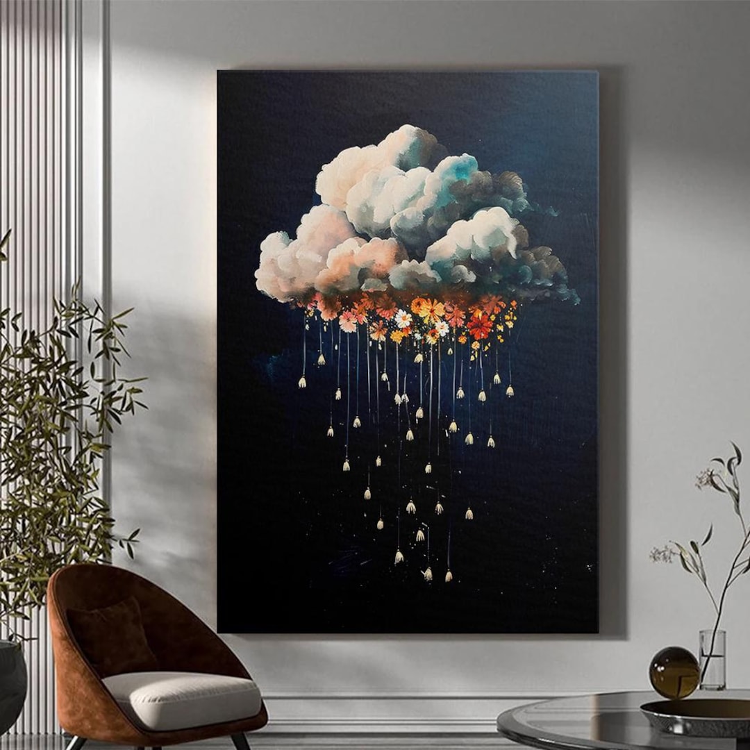 Fantasy Rain Cloud Wall Art - Whimsical Floating Flower Print - Moody ...