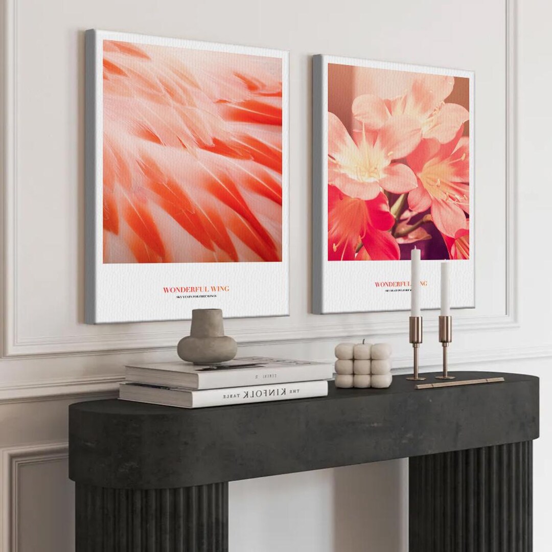 Coral Pink Feather & Floral Print Set, Minimalist Bedroom Canvas Art - Etsy
