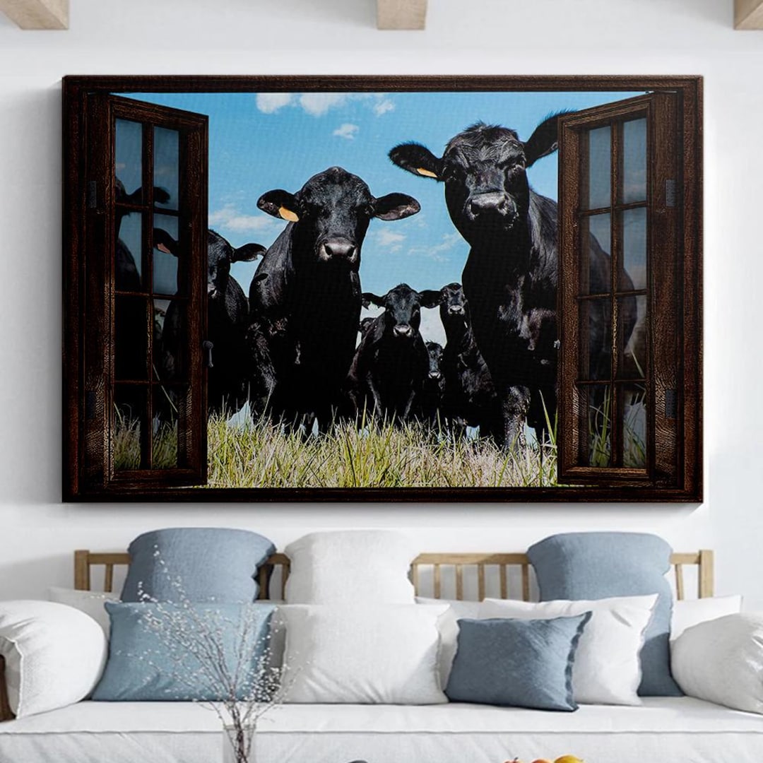Farmhouse Window Wall Art - Grazing Cows Painting - Countryside View ...