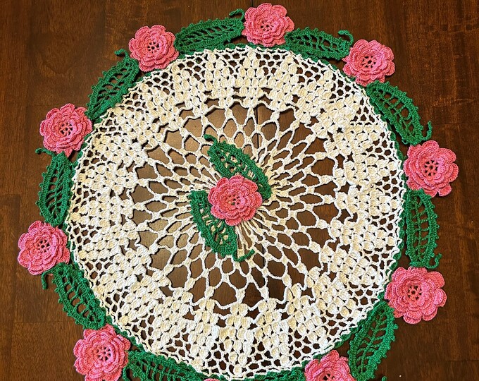 Handmade Crochet White Doily With Green Leaves and Pink Flower Border ...