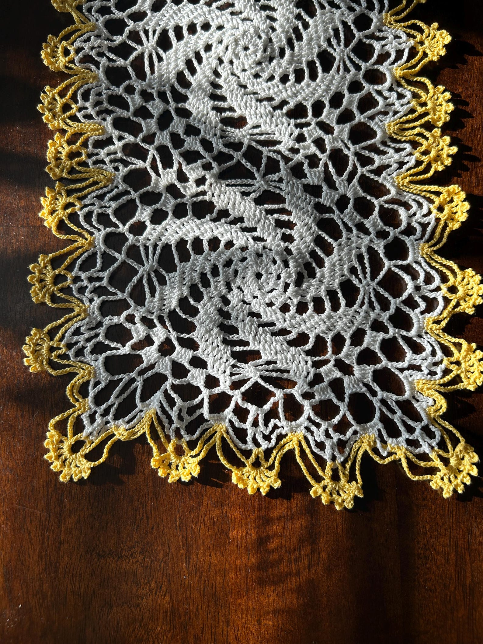 Handmade Crochet White Rectangular Doily With Yellow Border - Pinwheel ...