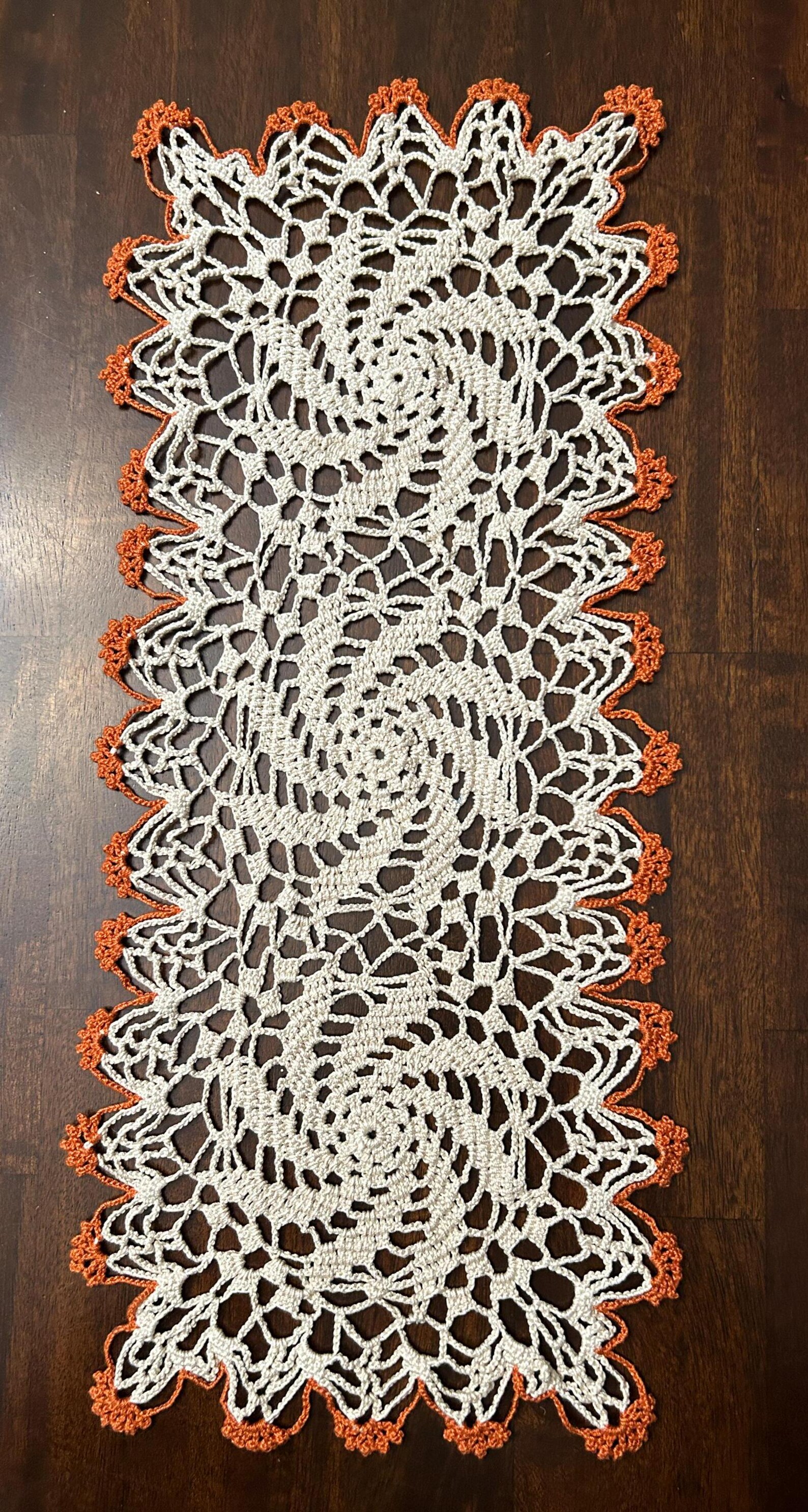 Handmade Crochet Ecru Rectangular Doily With Papaya Border - Pinwheel ...