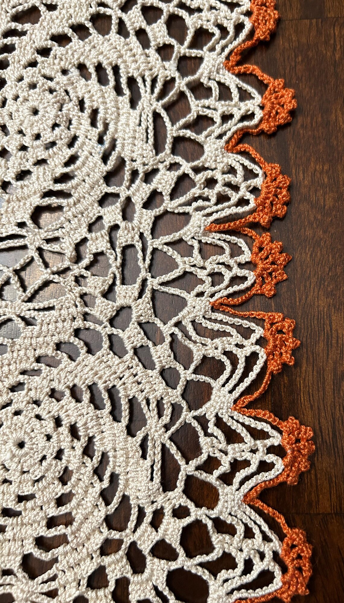 Handmade Crochet Ecru Rectangular Doily With Papaya Border - Pinwheel ...