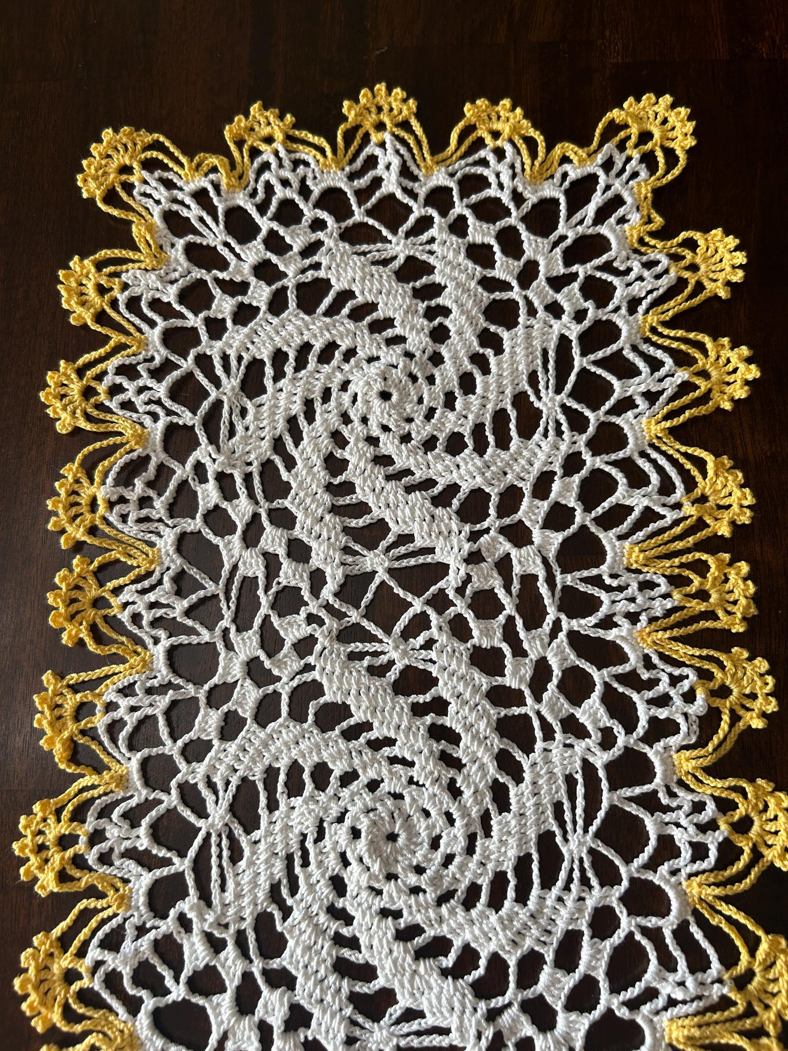 Handmade Crochet White Rectangular Doily With Yellow Border - Pinwheel ...