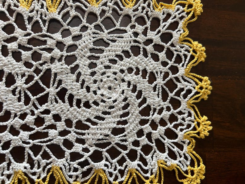 Handmade Crochet White Rectangular Doily With Yellow Border - Pinwheel ...