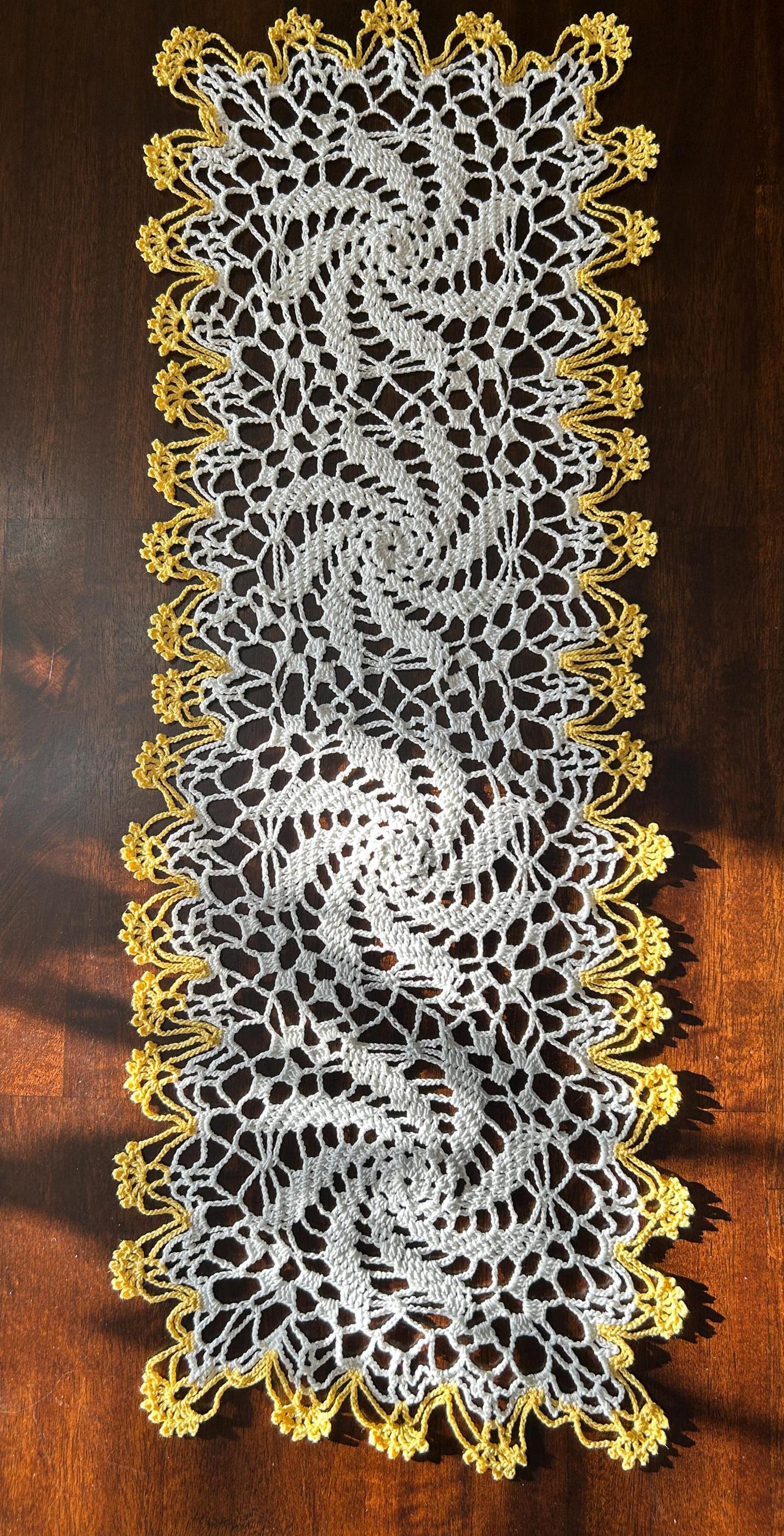 Handmade Crochet White Rectangular Doily With Yellow Border - Pinwheel ...