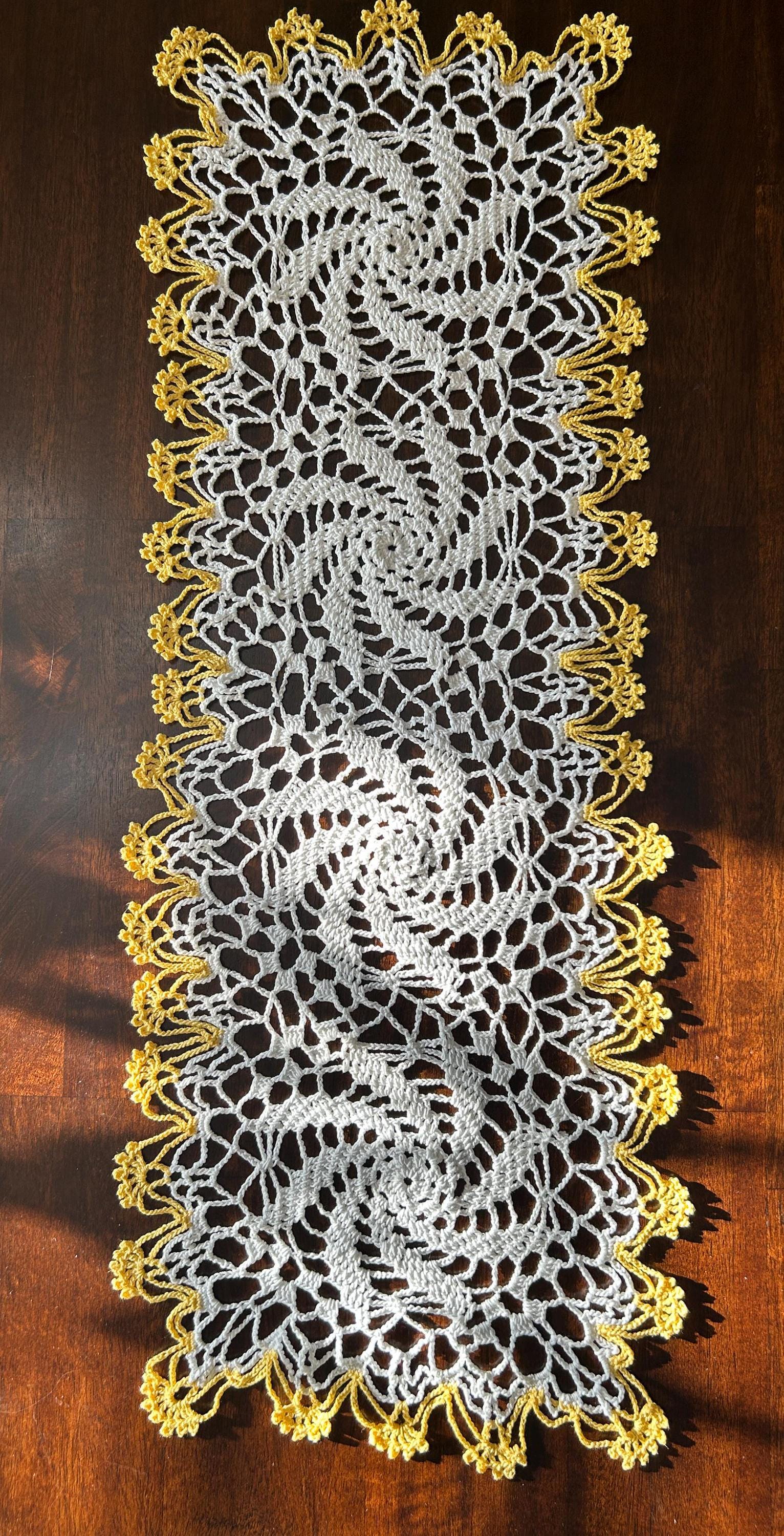Handmade Crochet White Rectangular Doily With Yellow Border - Pinwheel ...