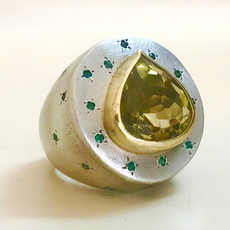 Signet Ring, Multi Gemstone Ring, Large Topaz Silver, Emeralds Silver ...