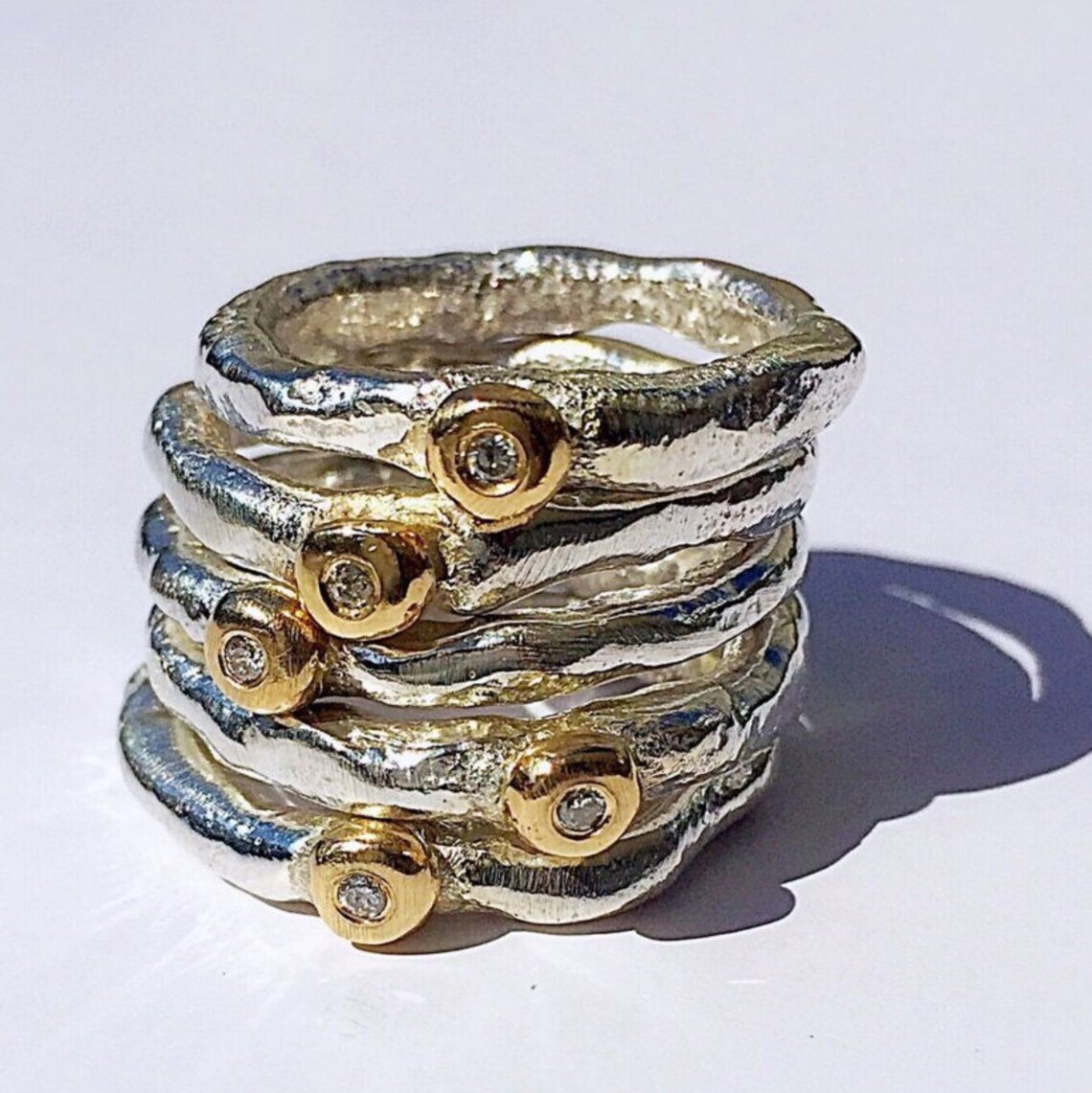Diamond Stacking Rings, Hand Made Stack of Silver and Diamond Rings ...