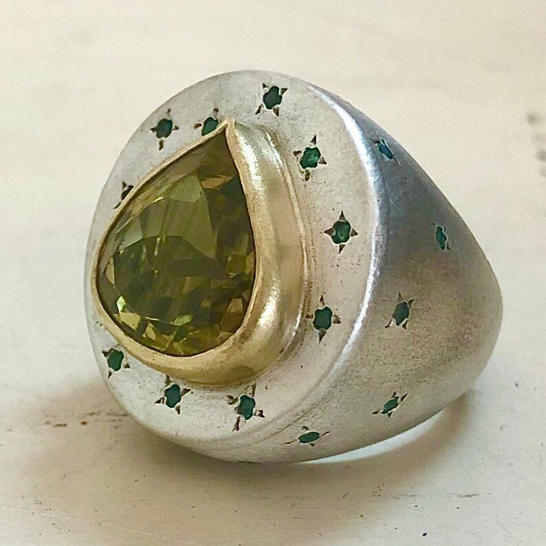 Signet Ring, Multi Gemstone Ring, Large Topaz Silver, Emeralds Silver ...