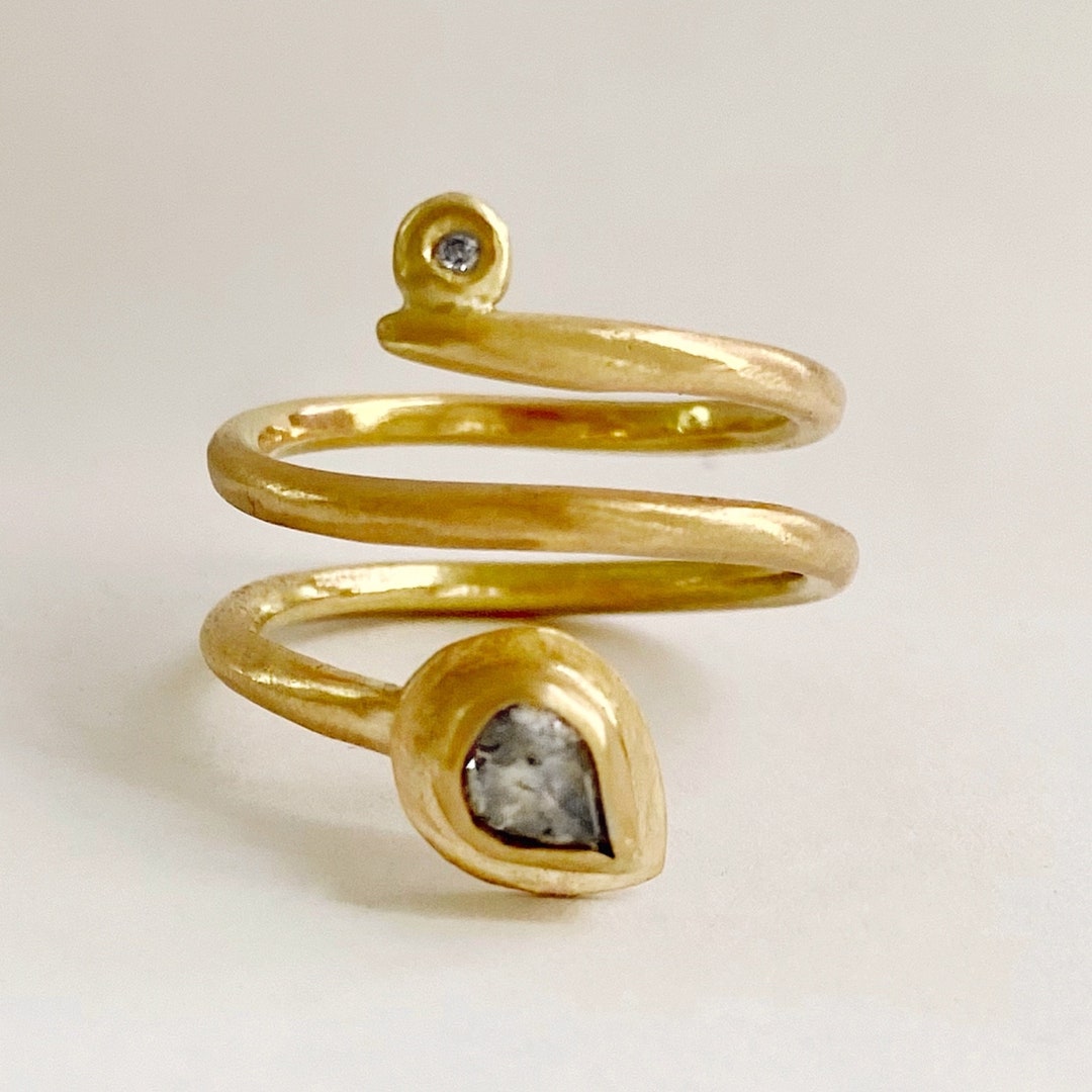 Gold Diamond Wrap Ring, Bezel Diamond Spiral Ring, Unique Statement ...