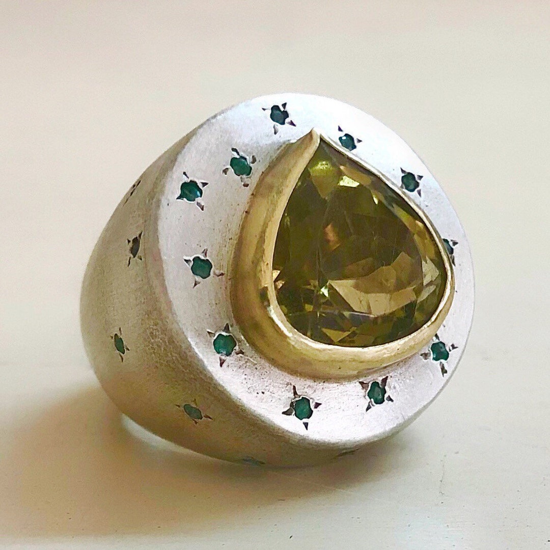 Signet Ring, Multi Gemstone Ring, Large Topaz Silver, Emeralds Silver ...