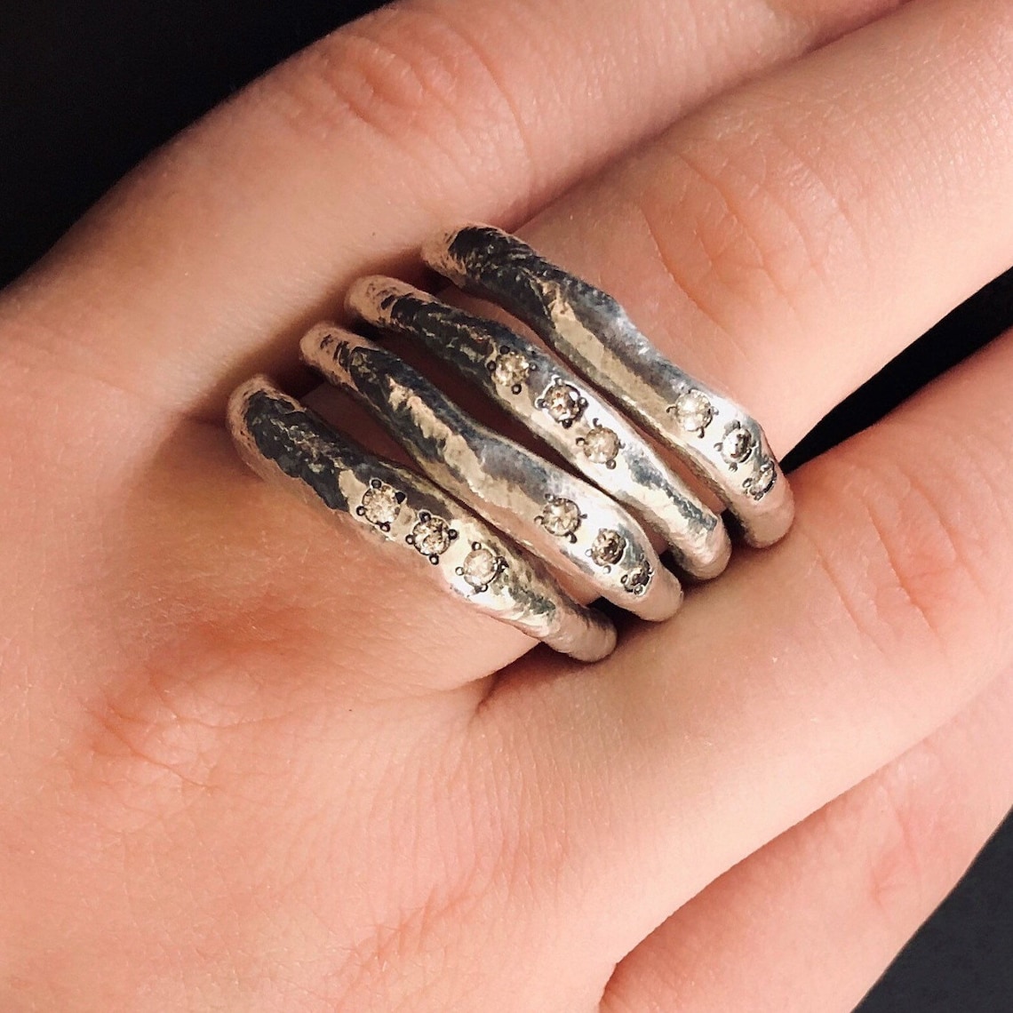 Diamond Stacking Silver Rings, Organic Silver Ring, Silver and Diamond ...