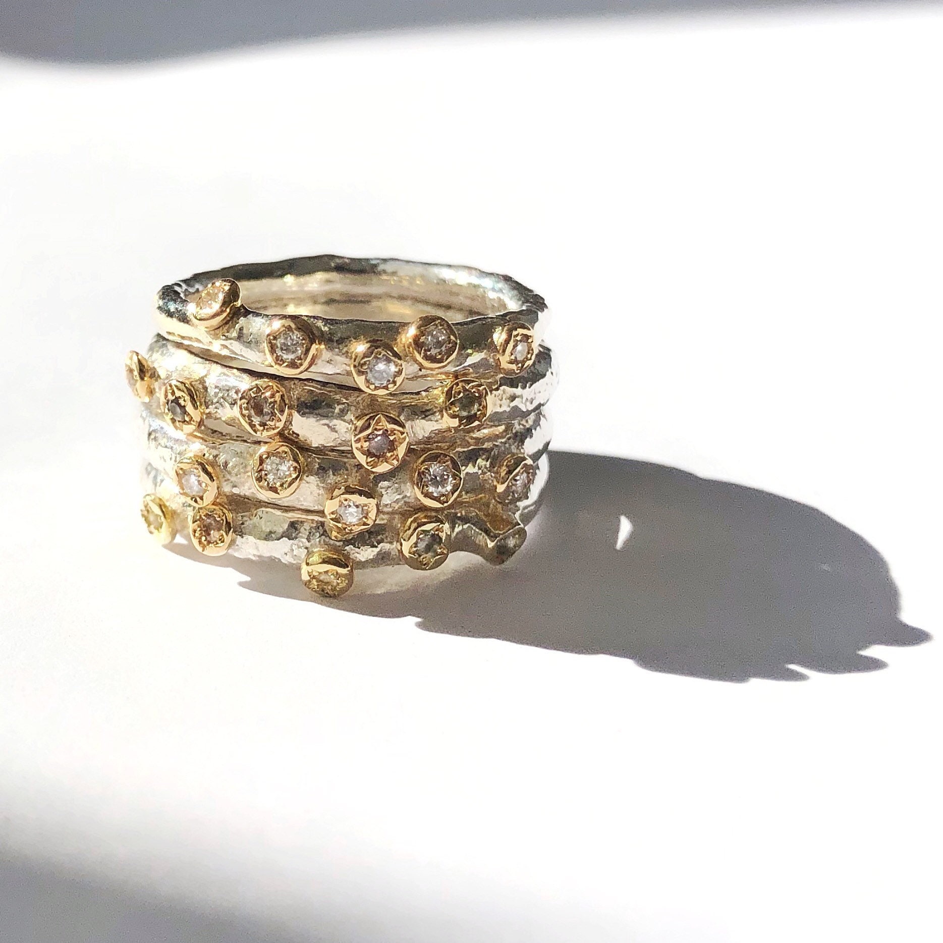Diamond Stacking Silver Ring, Multi Diamond Ring, Mix Metal Ring, Half ...