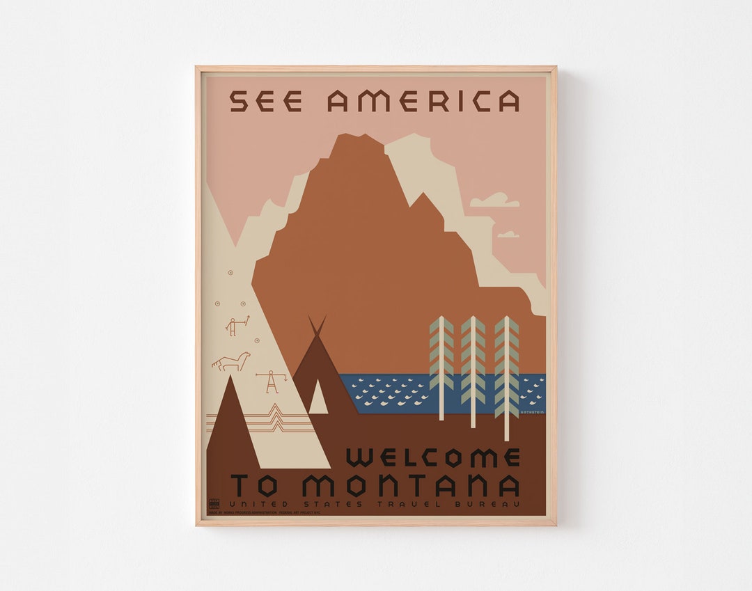 1938 MID CENTURY MONTANA Poster Print Modern Native American Indian ...