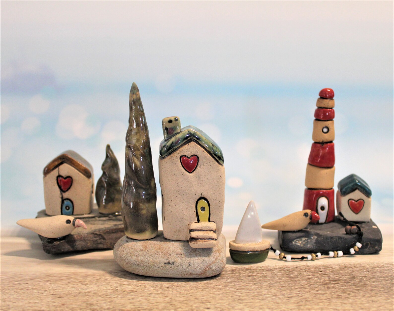 Handmade Ceramic House and a Tree on a Natural Beach Stone, Home Decor ...