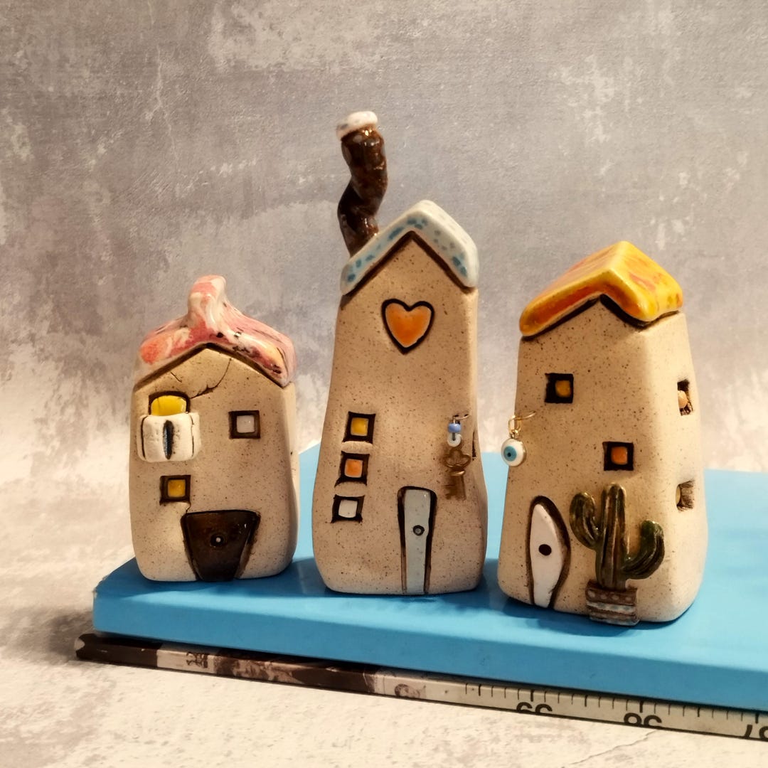 Set of 3 Miniature Ceramic Houses, Rustic Home Decor, Ceramic ...