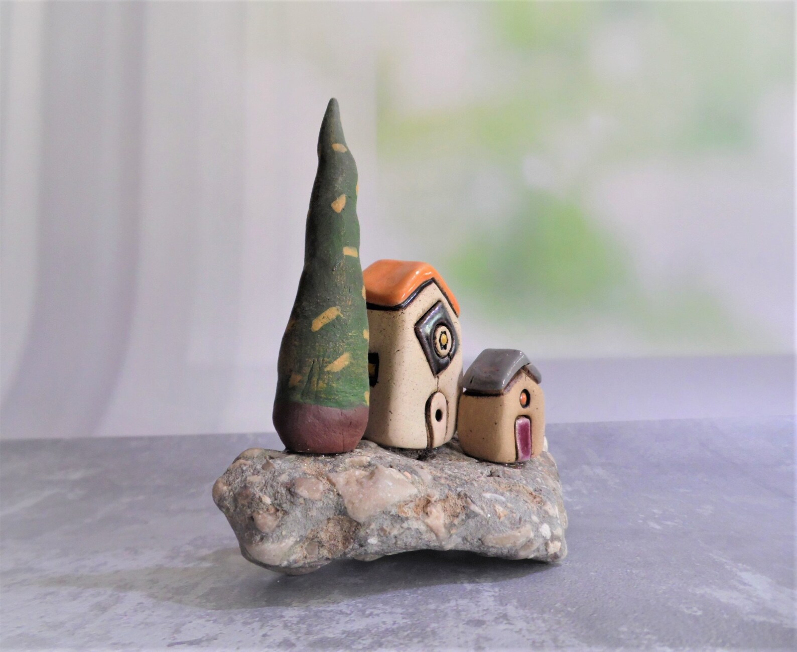 Small Village of Two Ceramic Houses and a Tree on a Natural | Etsy
