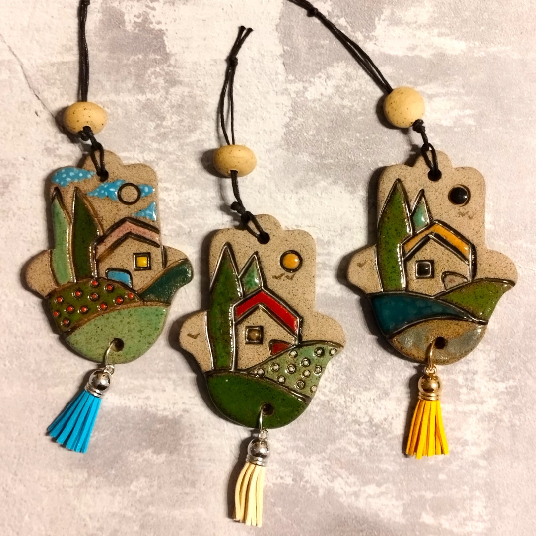 Small Hanging Decor, Unique Handmade Ceramic Hamsa With Israeli Houses ...