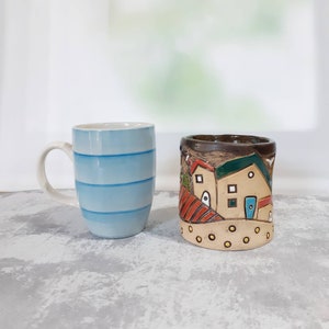 Hand Made Pottery of a Small Ceramic Vase With Village View Carved All ...
