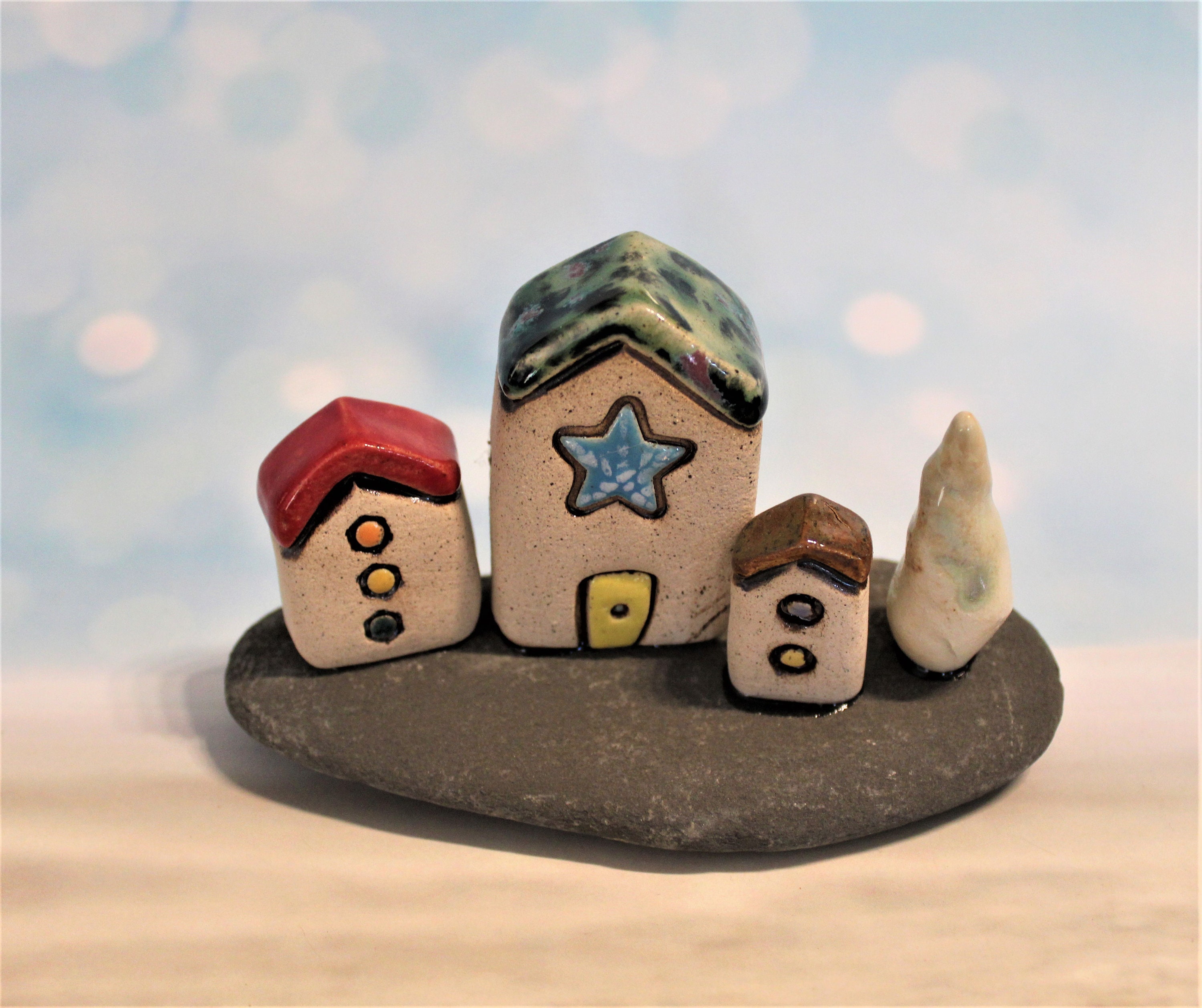 Ceramic houses and a tree on a natural Stone Original art | Etsy
