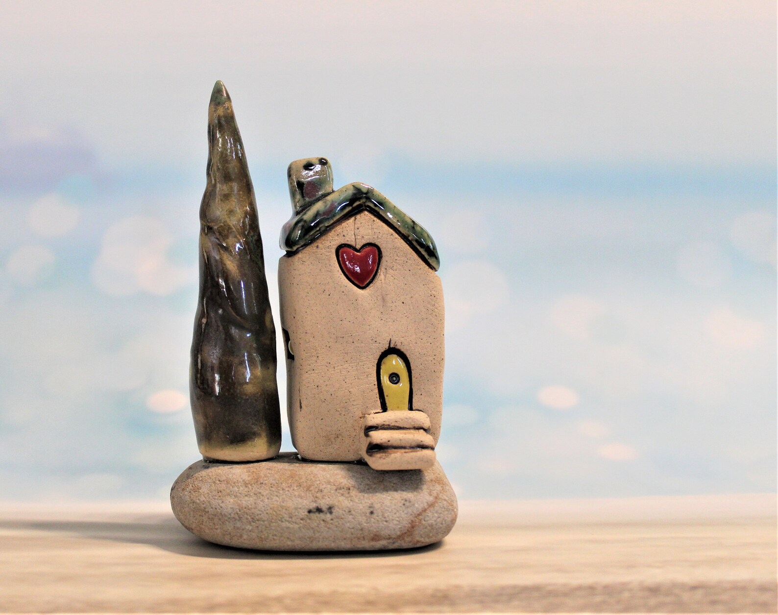 Handmade Ceramic House and a Tree on a Natural Beach Stone, Home Decor ...