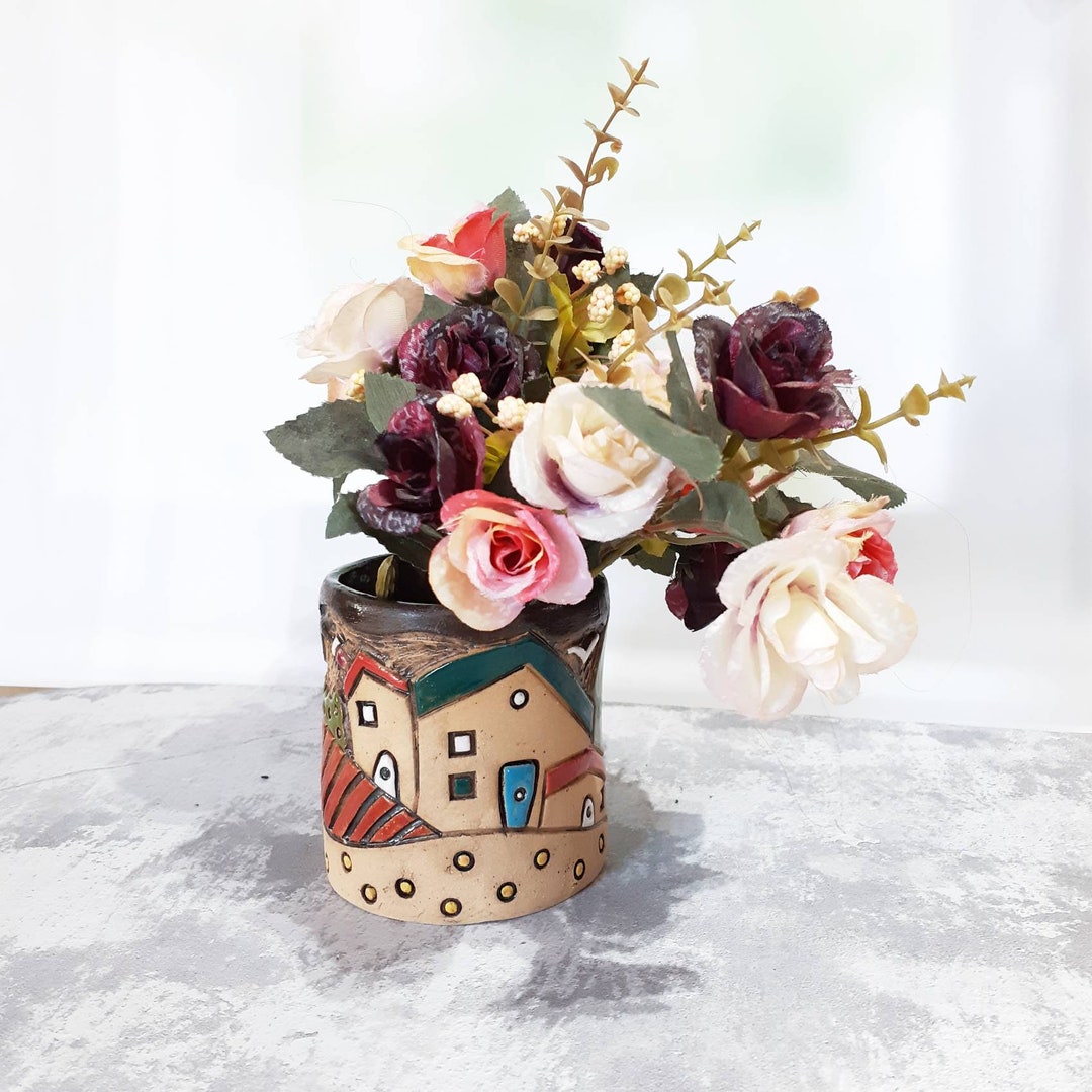 Hand Made Pottery of a Small Ceramic Vase With Village View Carved All ...