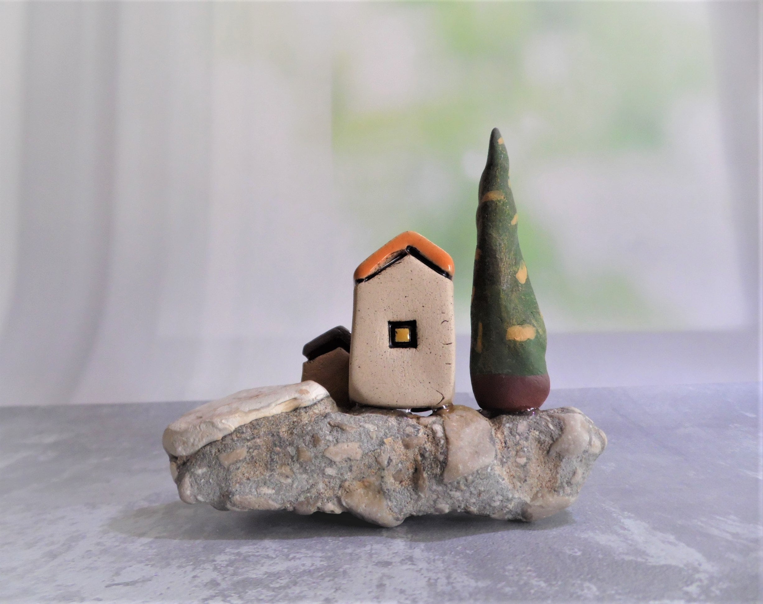 Small Village of Two Ceramic Houses and a Tree on a Natural | Etsy