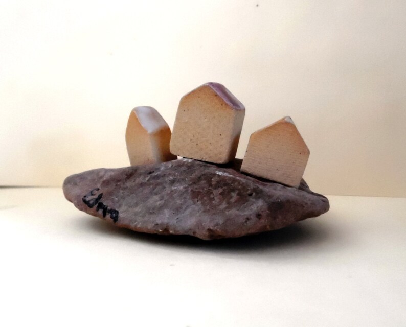 Ceramic miniature houses on natural stone ceramic sculpture | Etsy
