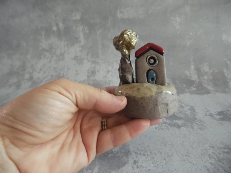 Small Sculpture of a Gray Rustic House and a Tree, Ceramic Miniature ...