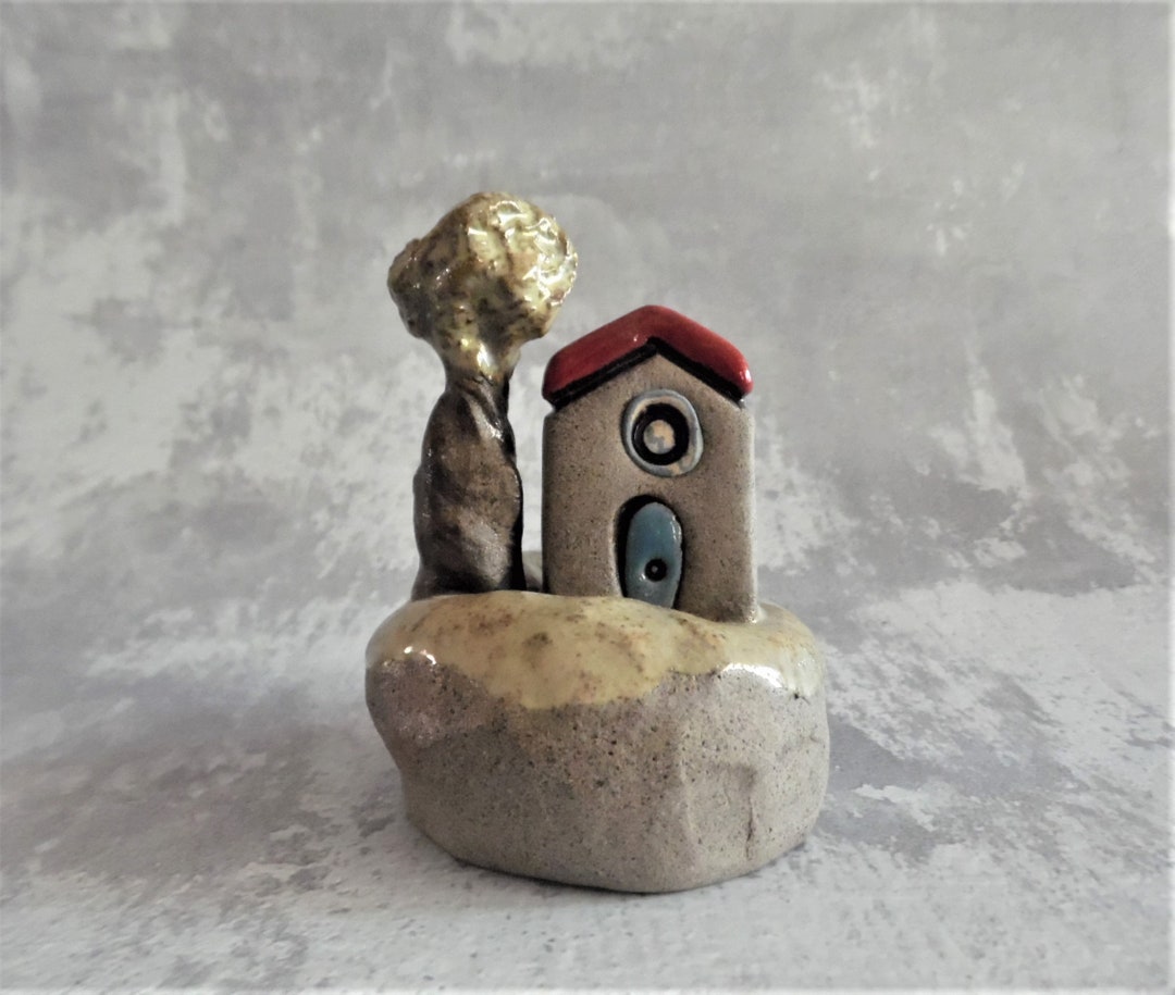 Small Sculpture of a Gray Rustic House and a Tree, Ceramic Miniature ...