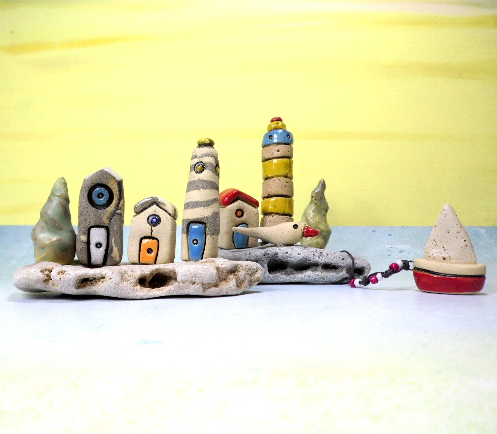 Miniature Lighthouse With Two Houses and Tree on Natural - Etsy