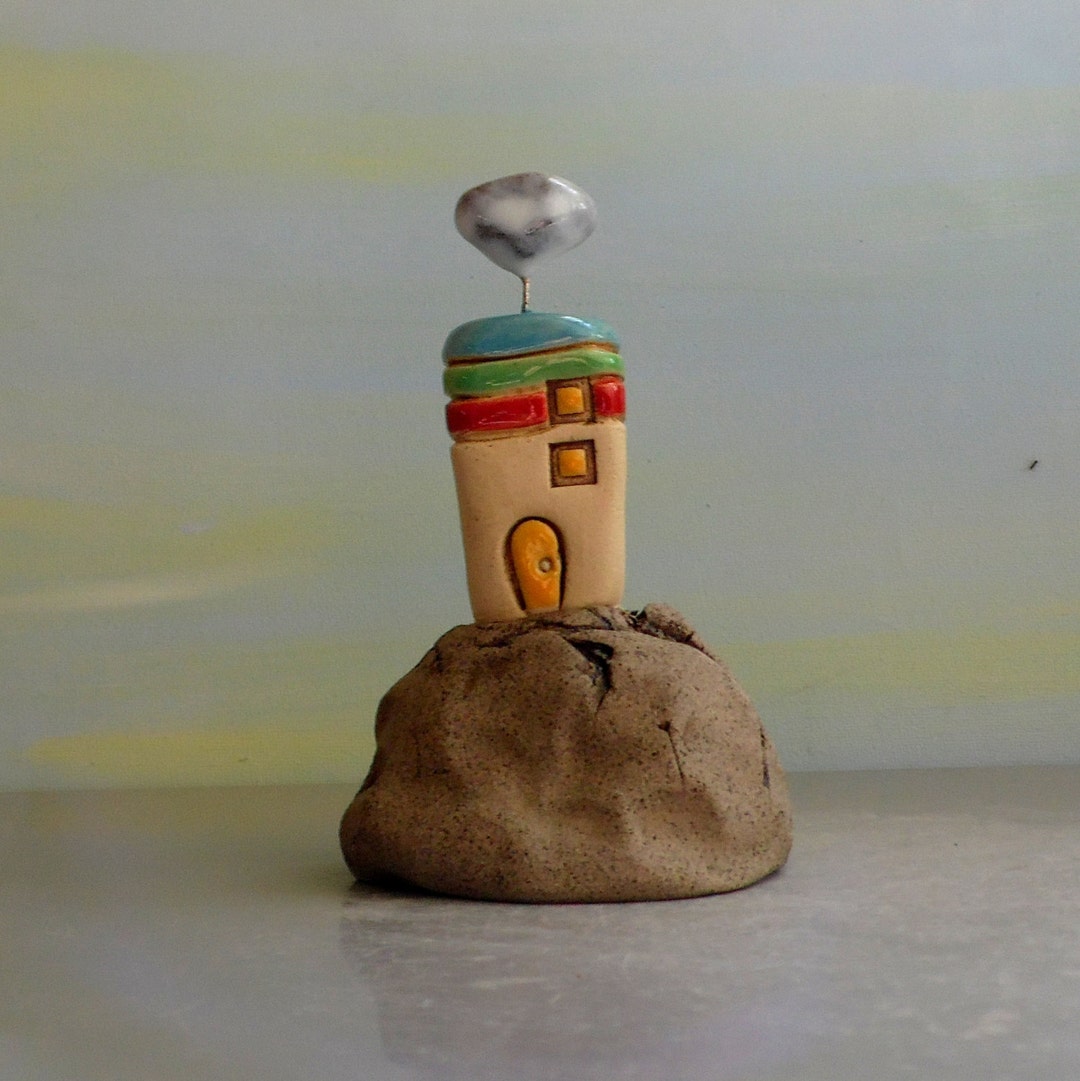 Sculpture, Little House, Ceramics, Miniature Decor, Gray White Small ...