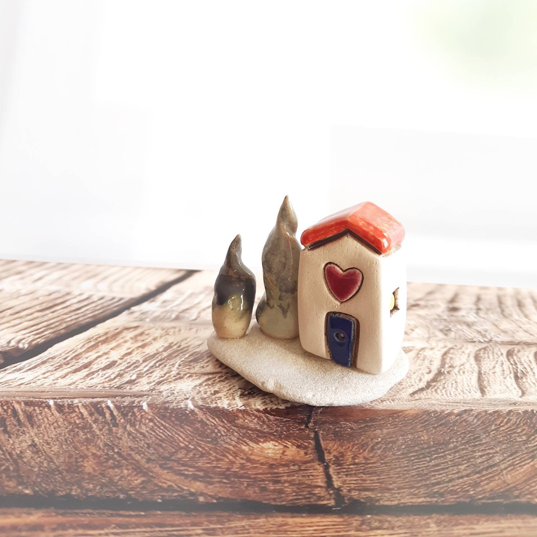 Small Ceramic House Sculpture With Two Little Trees on a | Etsy