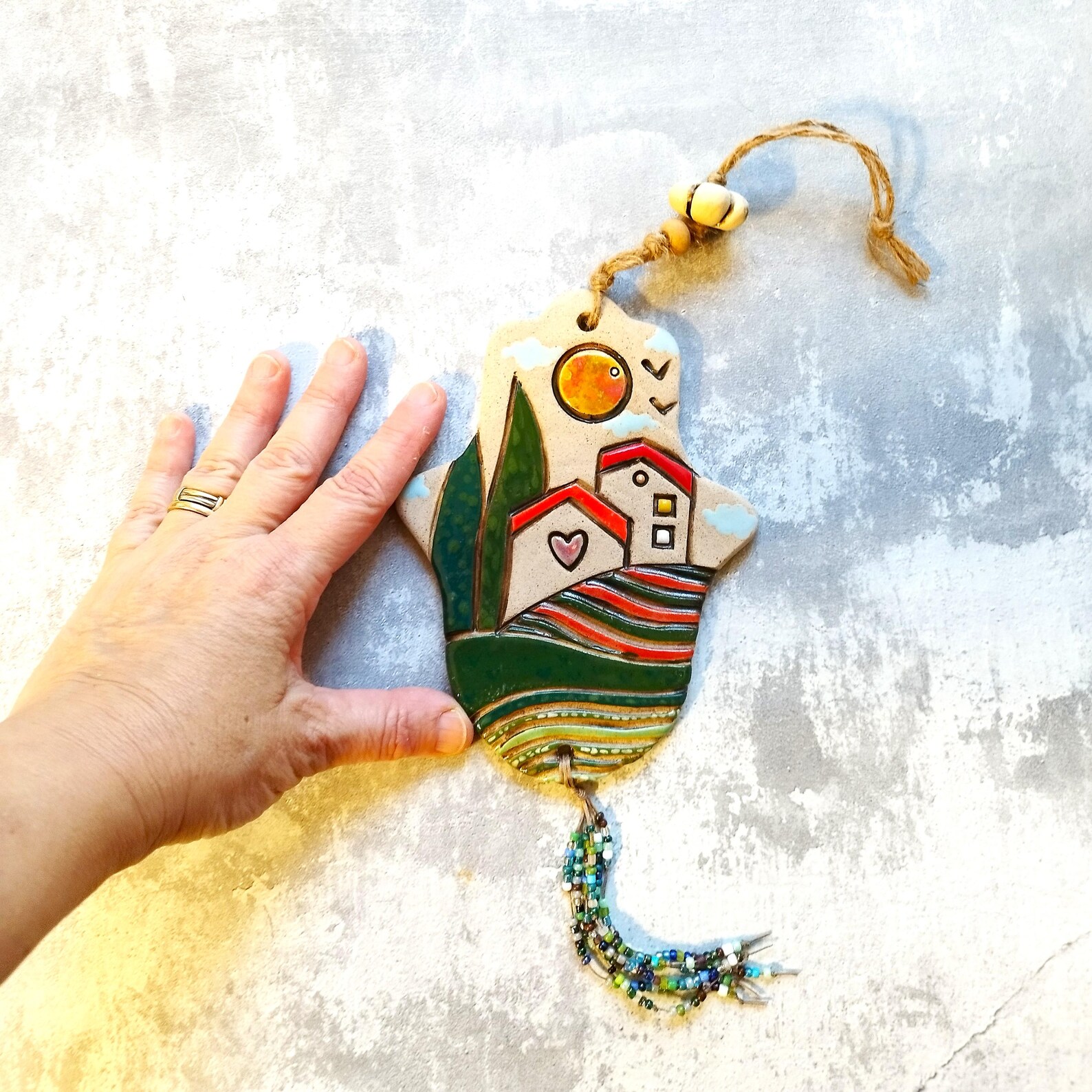 Large Hanging Wall Decor, Large Handmade Ceramic Hamsa With an Israeli ...