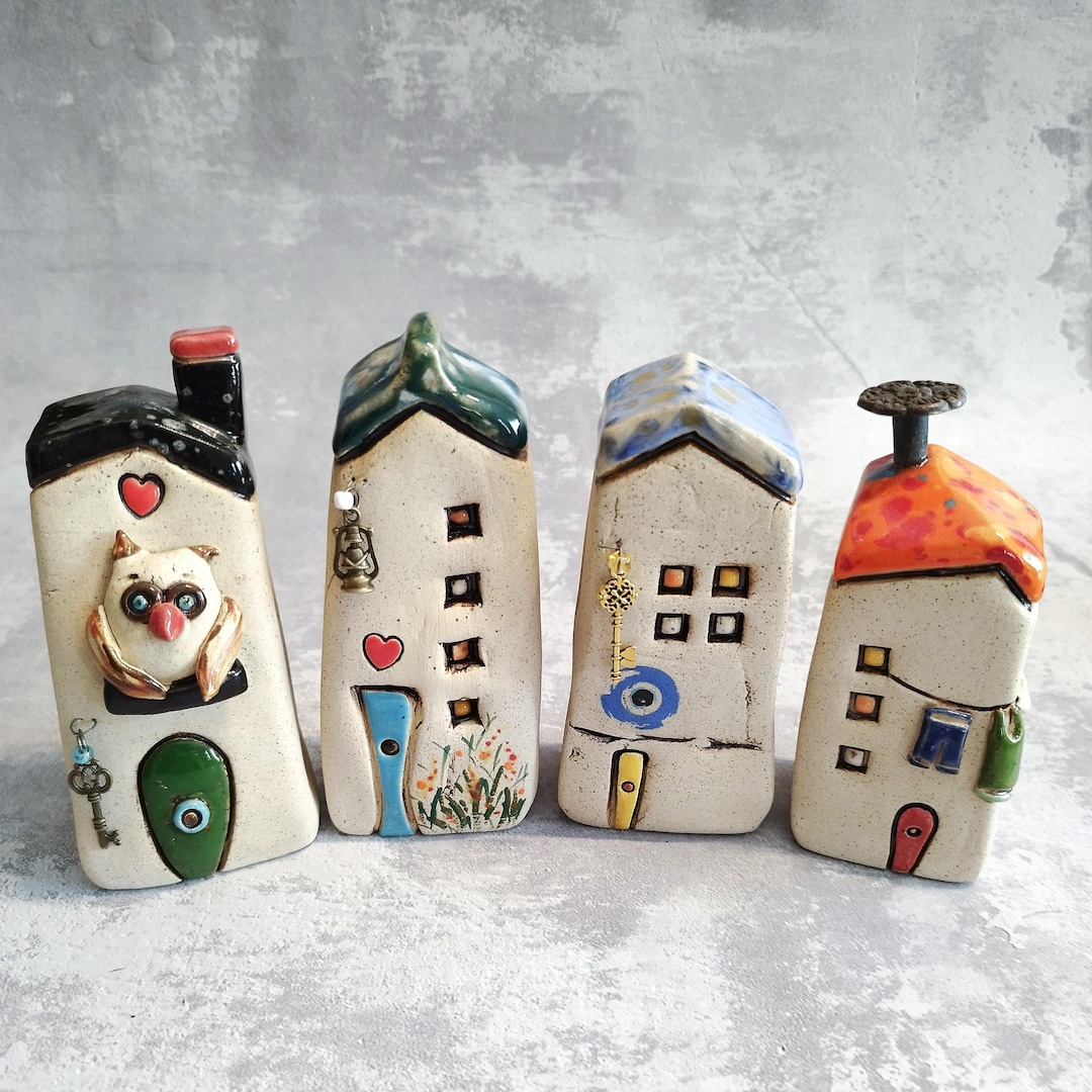 Set of Two Tiny Ceramic Houses, Home Miniature, Pottery Set, House Art ...