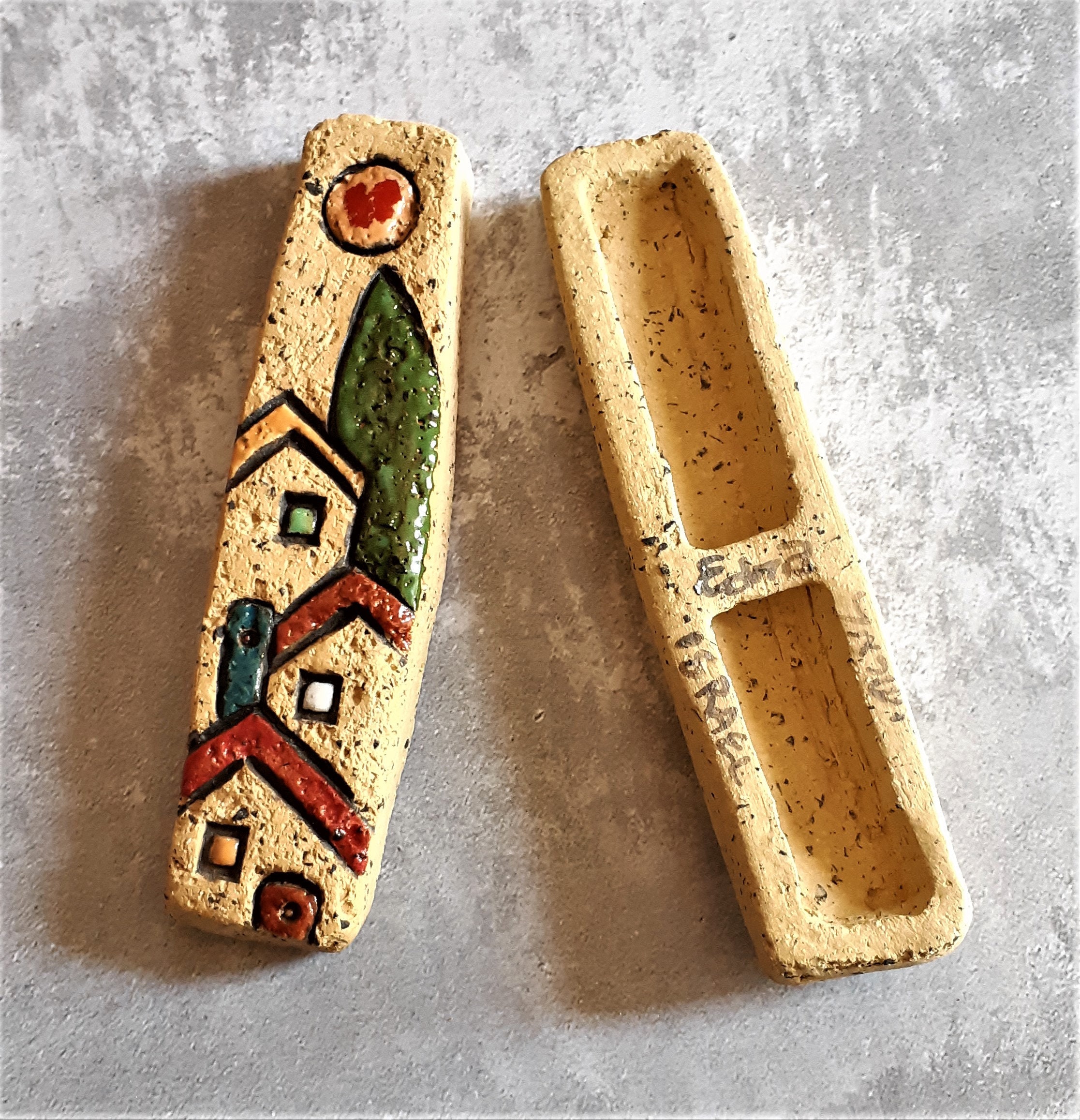 Handmade ceramic Jewish Mezuzah with Israeli houses view | Etsy
