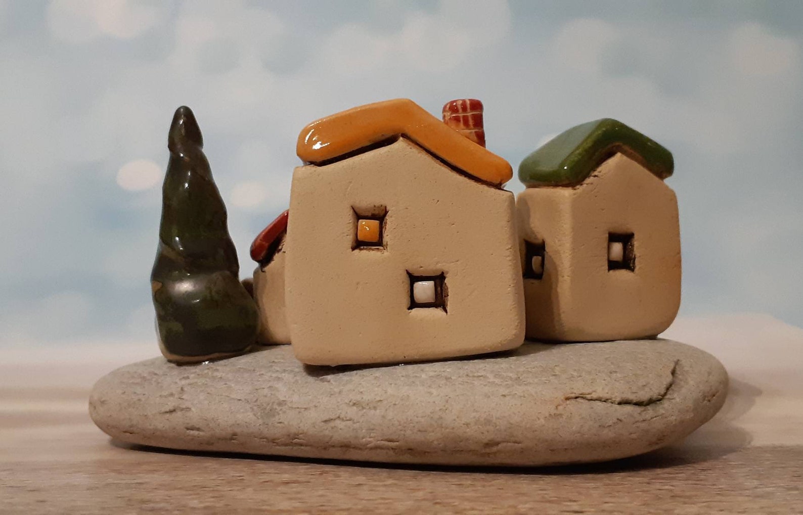 Ceramic Village of White Clay Houses With a Little Clay Bird - Etsy