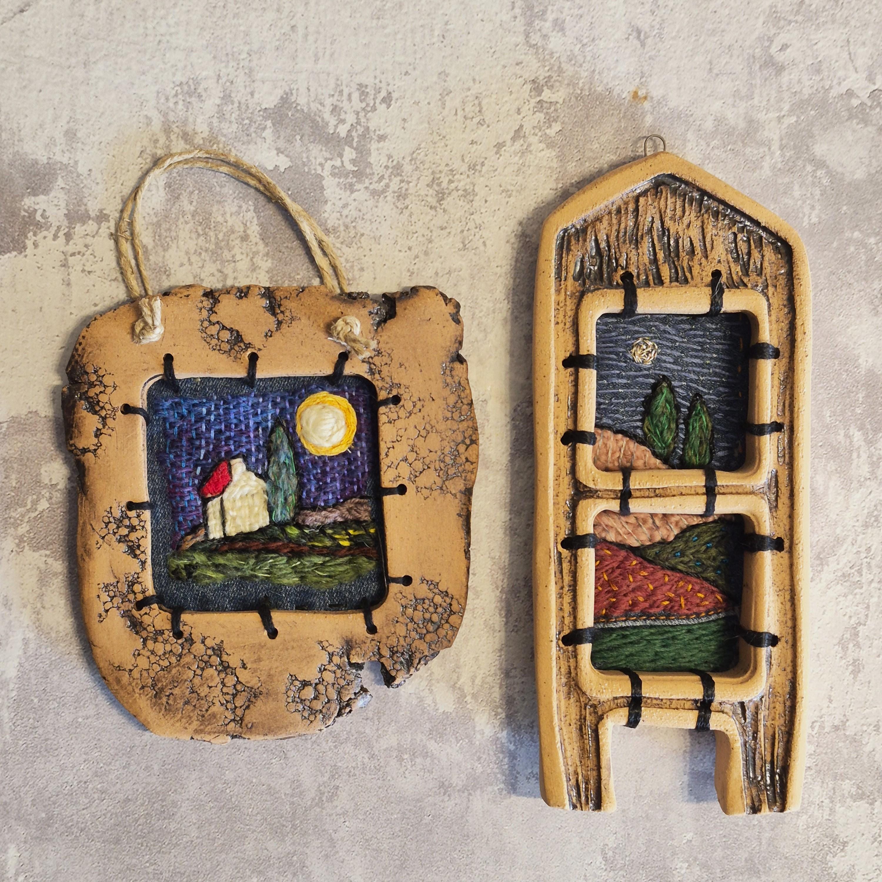 Handmade Small Ceramic Embroidery Wall Art: Israeli Landscape Decor - Etsy