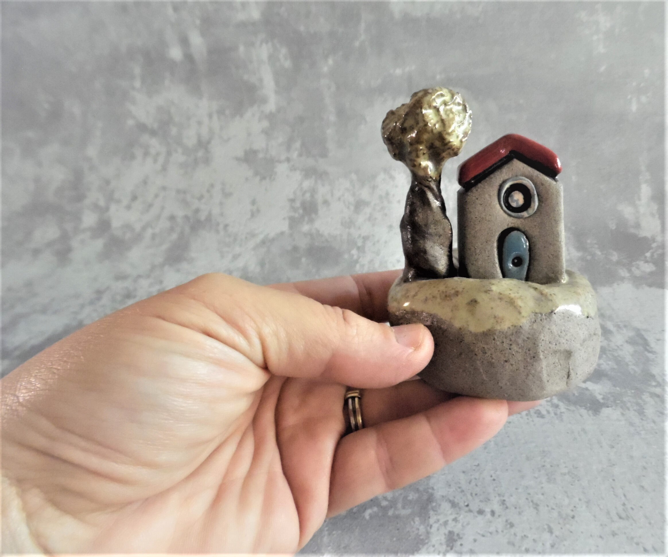 Small Sculpture of a Gray Rustic House and a Tree, Ceramic Miniature ...