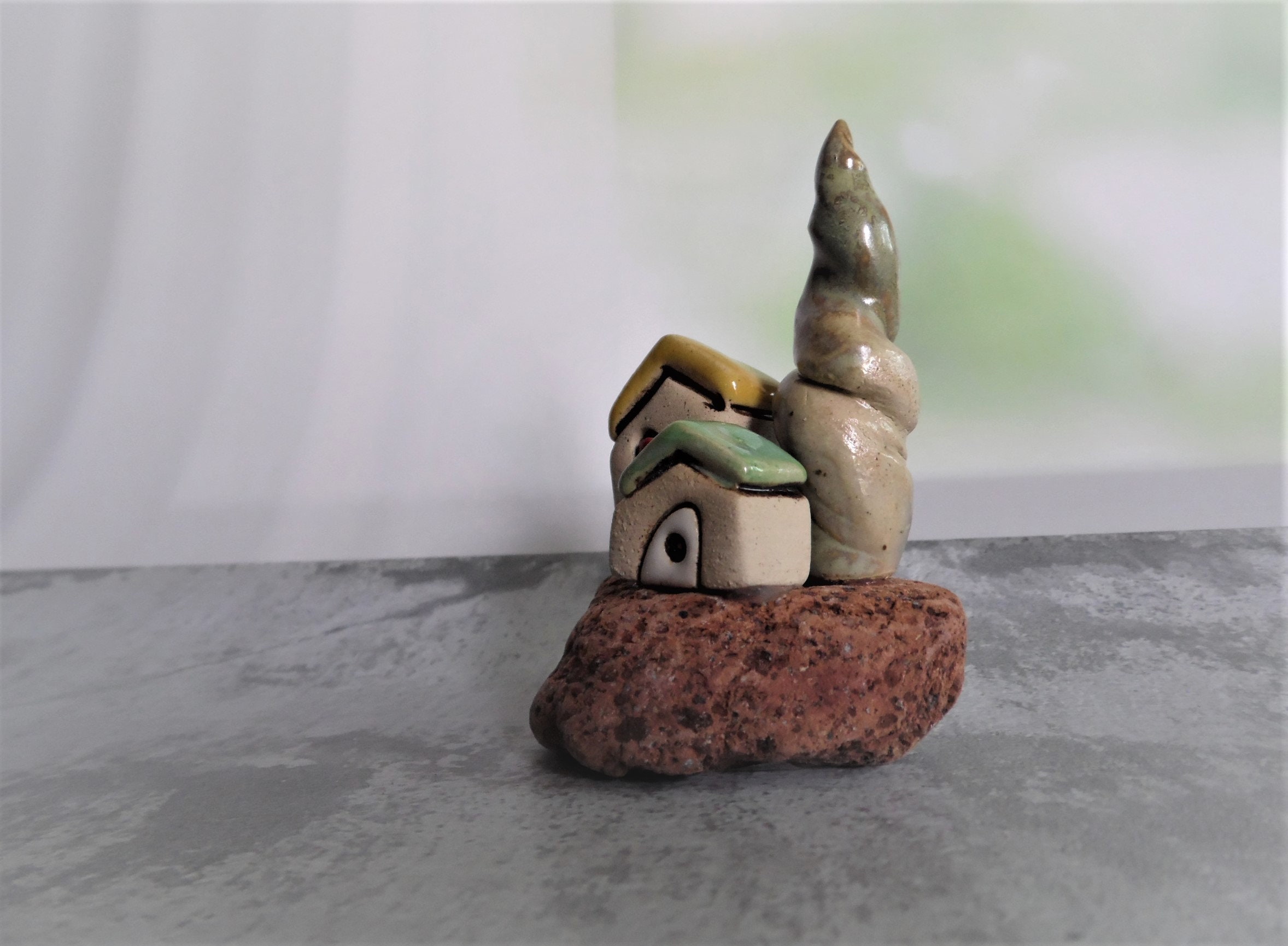 Ceramic miniature of two tiny houses and a tree on a natural | Etsy